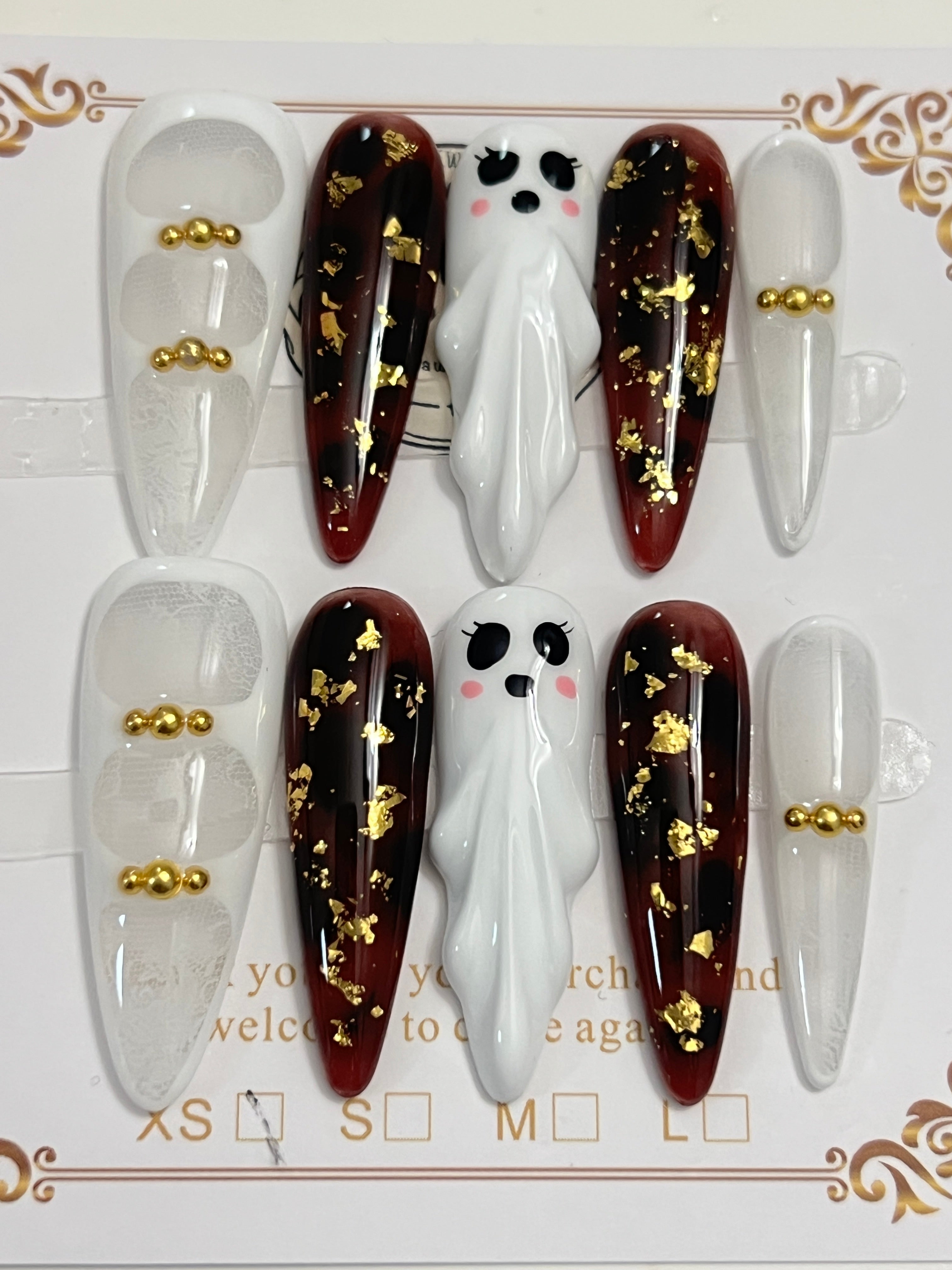 Ghost Ember - Burgundy Gold Ghost Stiletto Nails Long - Mia World NYC